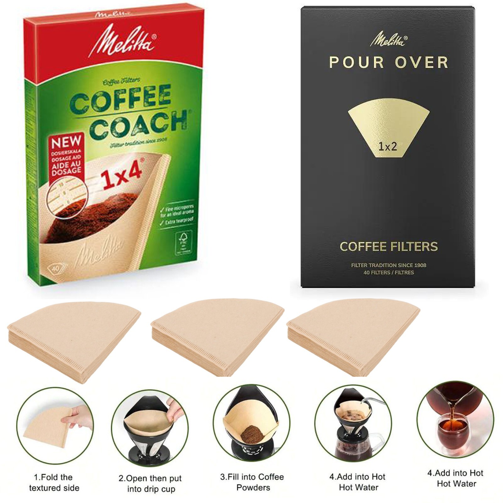 Melitta Coffee Filter Cones Pour over 1x4 & 1x2 Traditional Filters ...