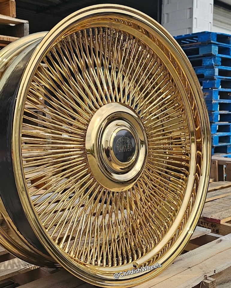 24" Inch All Gold 180 Spoke Wire Wheels XL Floating Caps Rims Spokes 26 ...