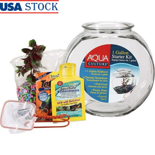 Glass Fish Bowl Starter Kit Betta Goldfish W/ Gravel Plant Food ...