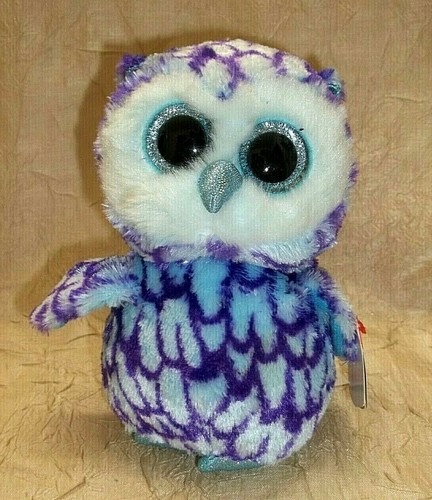 TY Beanie Boo Oscar the OWL Plush Blue & Purple 6" Glitter Eyes 2015 WT ...