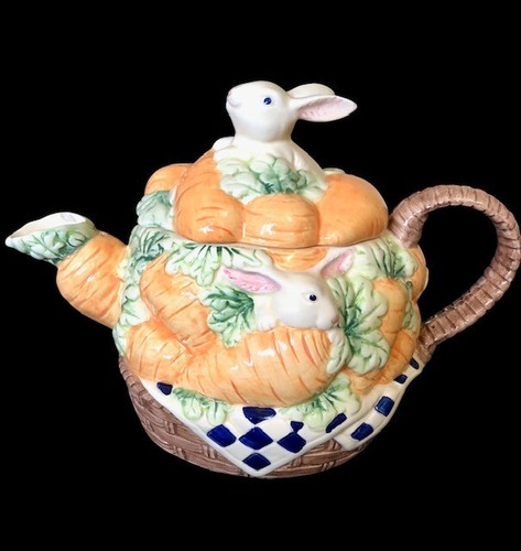 Vtg Ceramic Tea Pot white rabbits with bunch of carrots in a basket ...