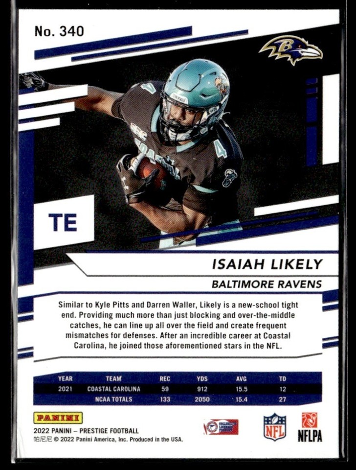 2022 Panini Prestige #340 Isaiah Likely Rookie Baltimore Ravens | eBay