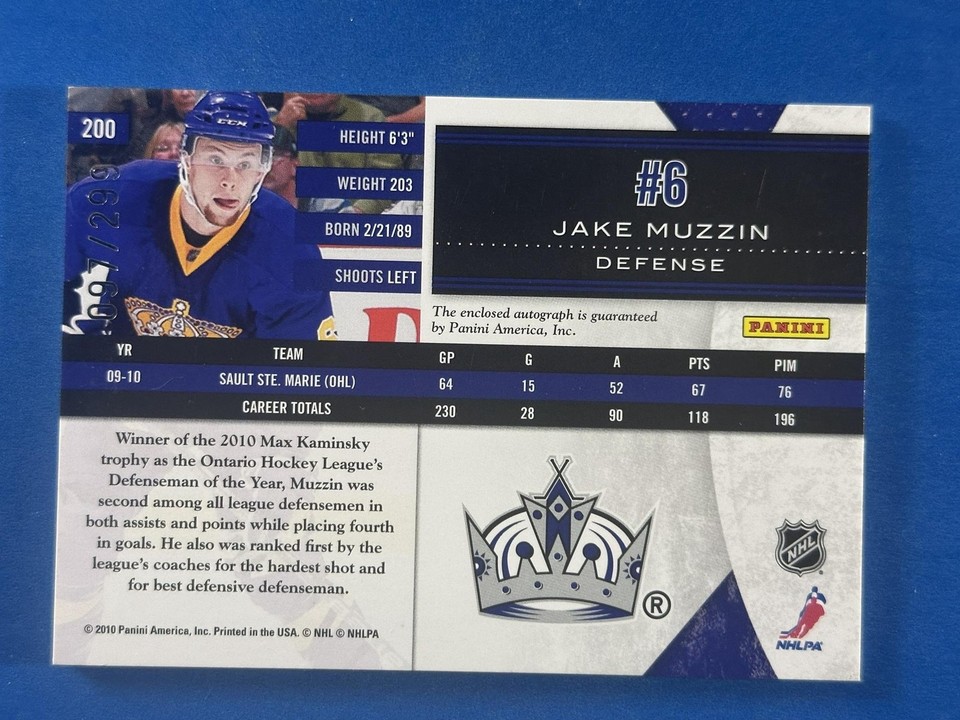 2010-11 Panini Limited Jake Muzzin Autograph #/299 Los Angeles Kings | eBay