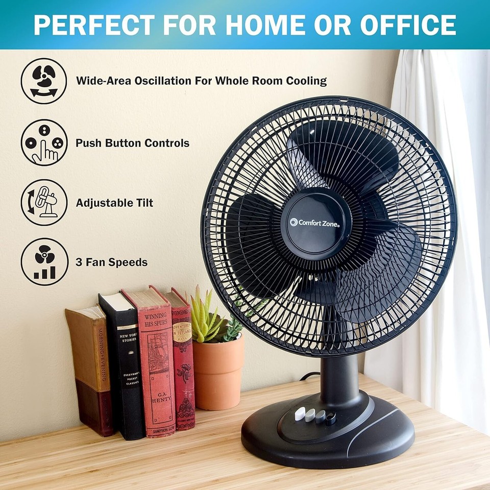 Comfort Zone Oscillating Table Fan, 12 inches, 3 Speeds, Adjustable ...