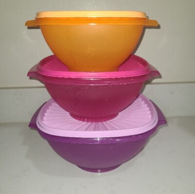 USED Tupperware 3-piece Servalier Bowl Set(PINK,ORANGE, AND PURPLE) | eBay