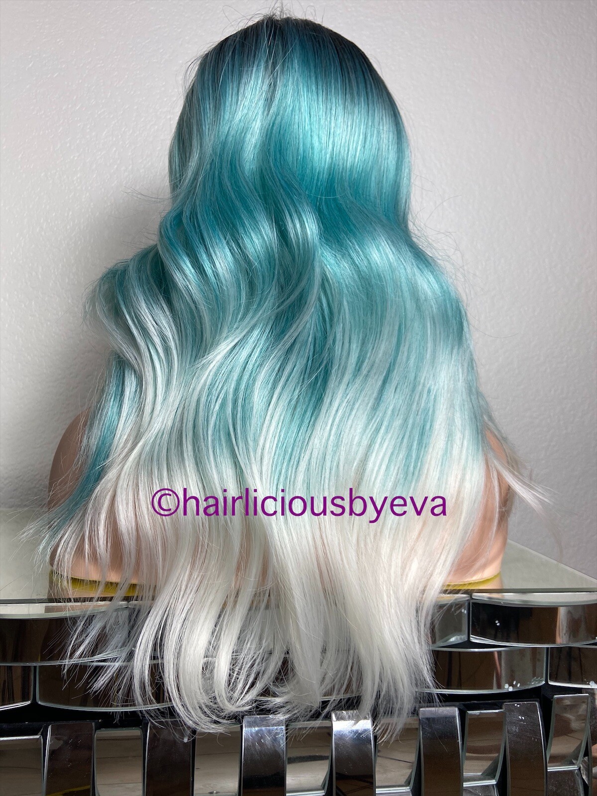 Pastel Turquoise Wig Ombré White Wavy Lace Front Side Part 20” Long ...