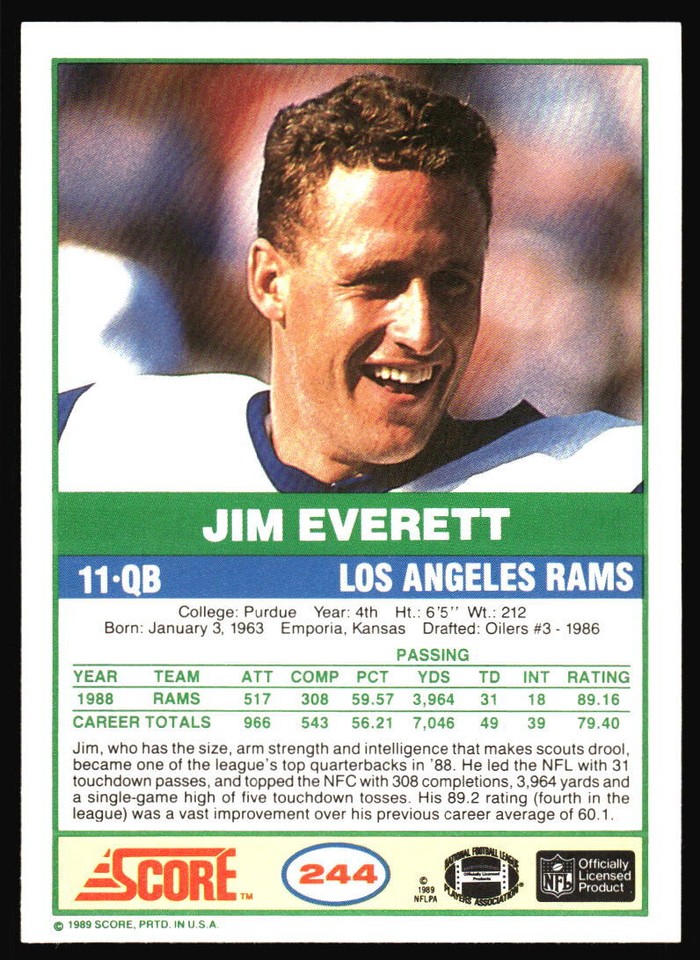 1989 Score Jim Everett #244 Los Angeles Rams | eBay