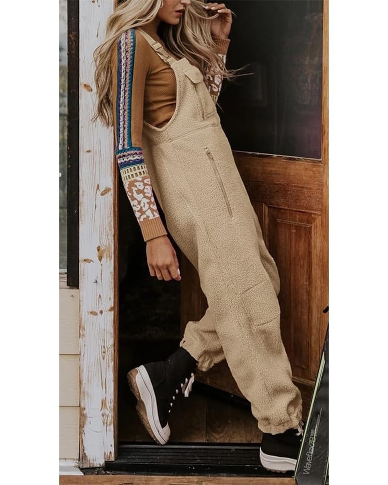 Women's Fuzzy Fleece Overall Adjustable Strap Warm Winter Bib Overalls ...