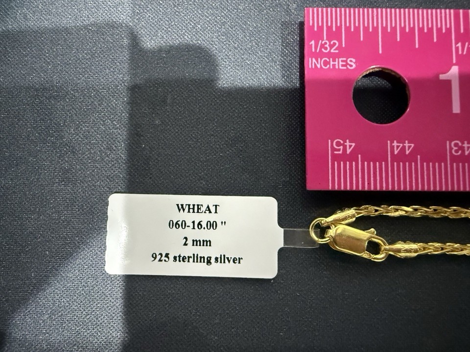 10K Gold Over Sterling Silver 2mm Wheat Chain 16" Necklace 6.7 Grams ...