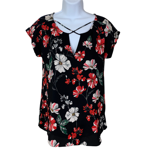Express Top sz XS Floral Print Black Keyhole Cage Neckline | eBay