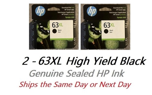 2 Genuine Factory Sealed HP 63XL Black High Yield Inkjet Cartridges ...