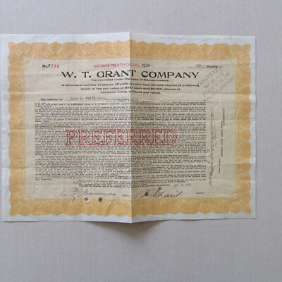 Vintage Stock Certificate of W.T. Grant Co. with W.T. Grant Signature ...