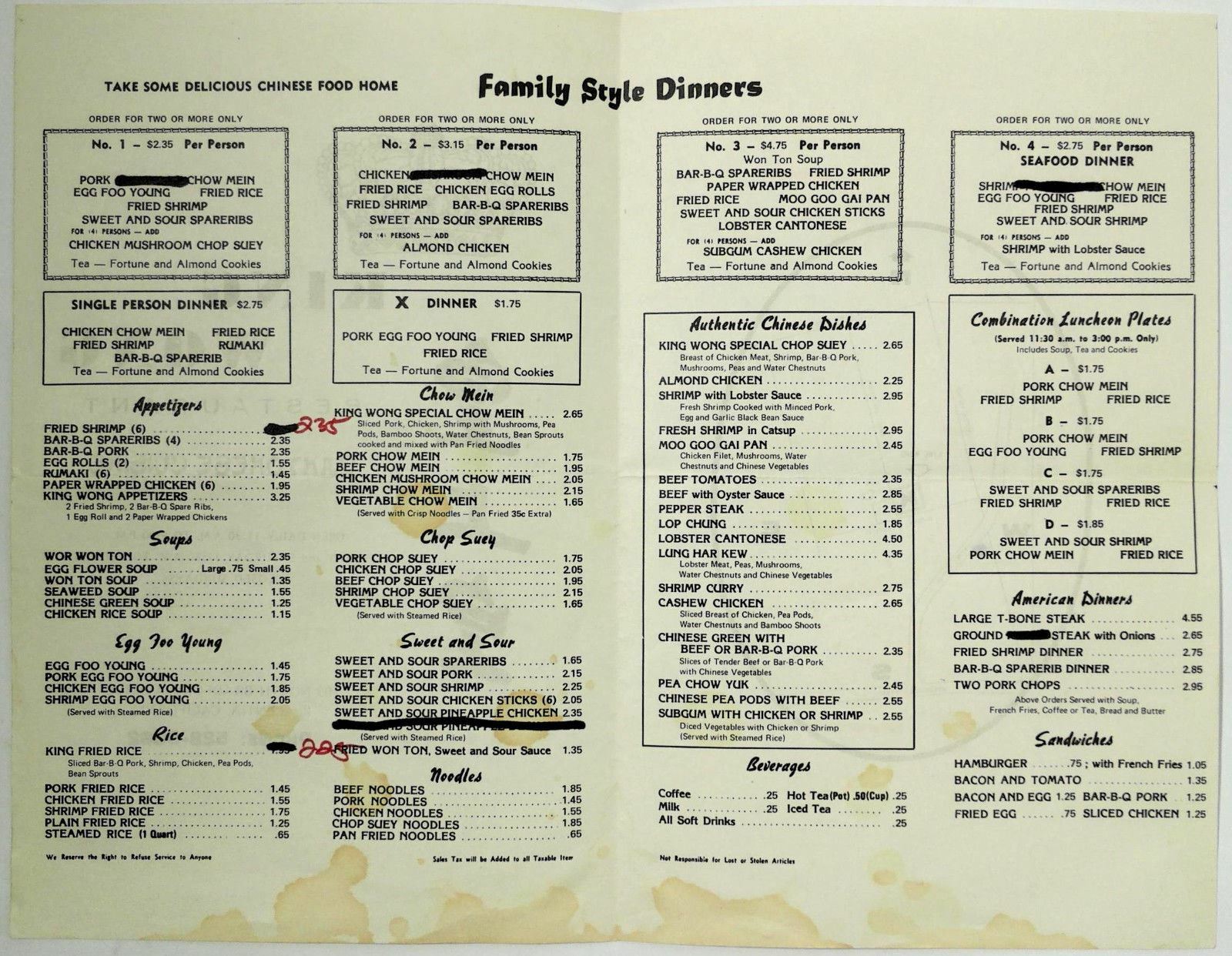 Original Vintage Take Home Menu KING WONG Chinese Restaurant Placentia ...