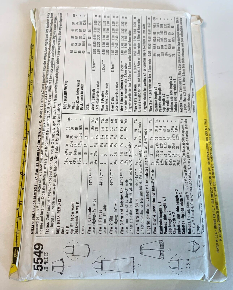 Vintage 1982 Simplicity Pattern 5549 Lingerie Bra Panty Slip Colottes ...