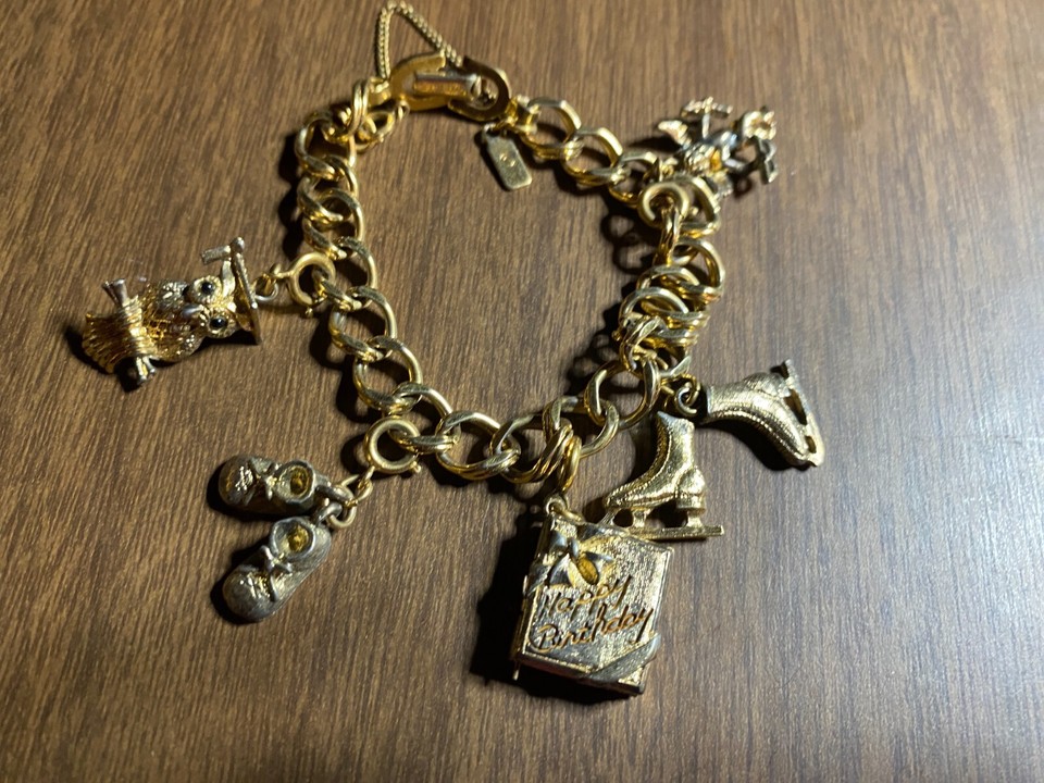 Vintage MONET Gold Tone Dangle Charm Owl Book Shoe Angel Skates ...