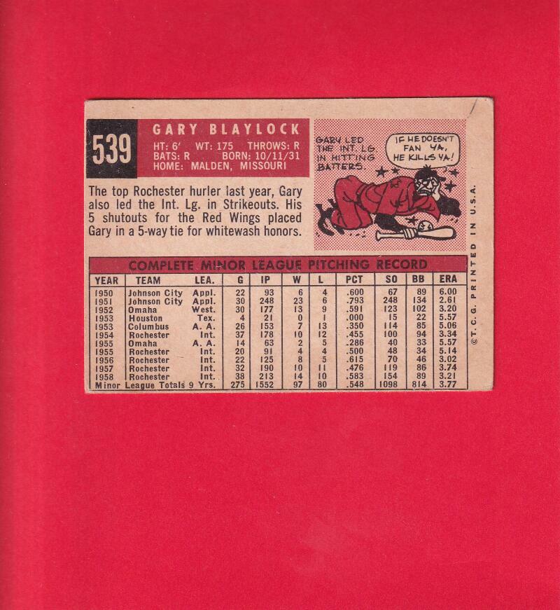 1959 Topps #539 Gary Blaylock RC VG Very Good High# St.Louis Cardinals ...