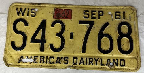 VTG Yellow Wisconsin License Plate 1961 w/ 1962 Sticker Garage Decor | eBay