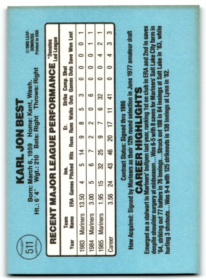 1986 Donruss Karl Best Rookie Seattle Mariners #511 | eBay