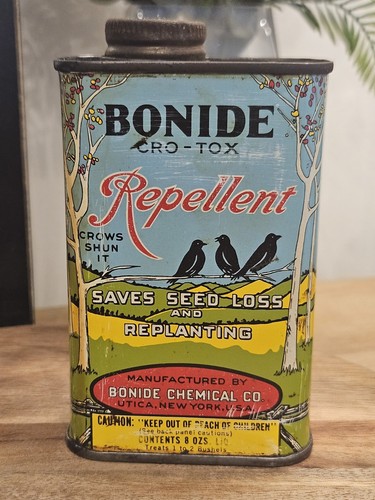 VINTAGE BONIDE CRO-TOX REPELLENT TIN CAN GAS OIL ADVERTIZING COLOR 1/2 ...