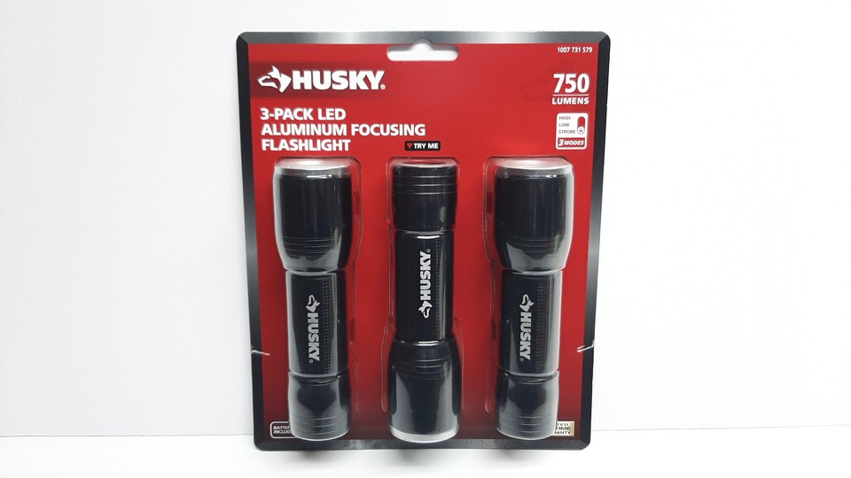 HUSKY Flashlight 3-Pack LED Aluminum FOCUSING High Low Strobe 750 ...