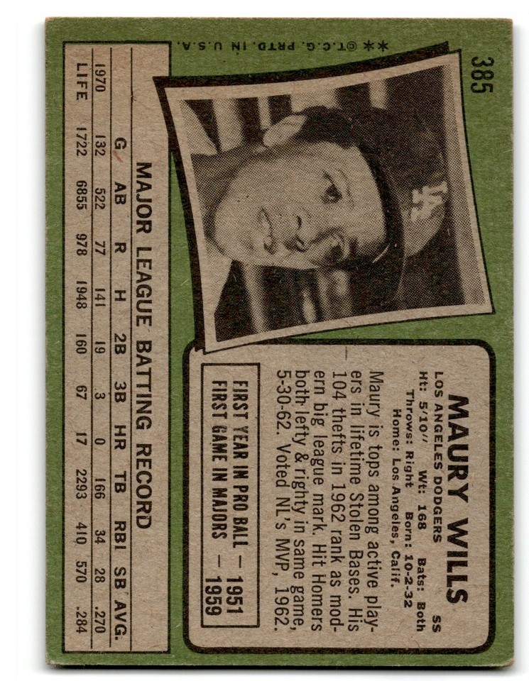 1971 Topps #385 Maury Wills Low Grade (crease) Vintage Baseball Card ...