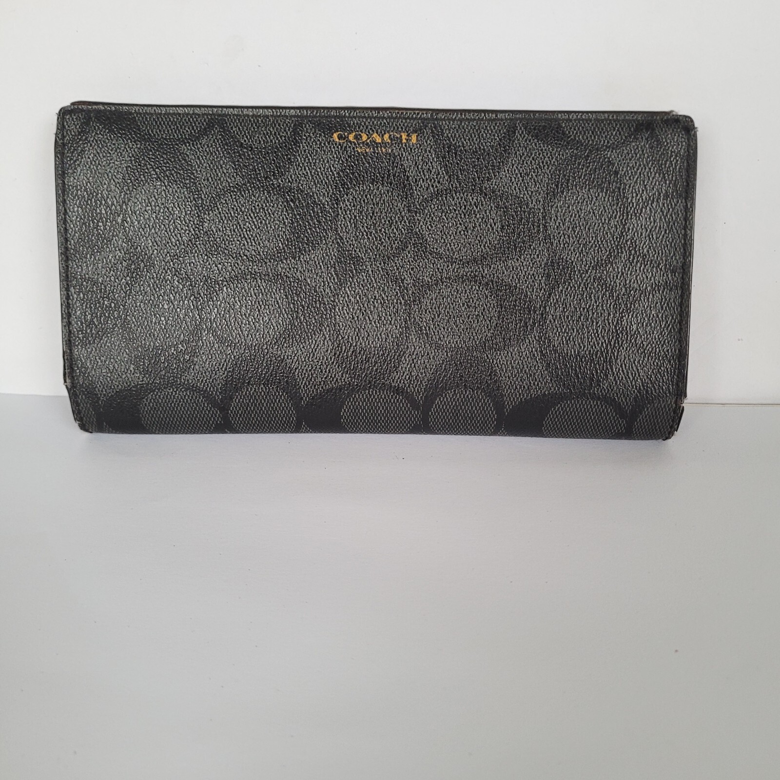 Coach Wallet Signature Black Gray Bifold Checkbook Ca… - Gem
