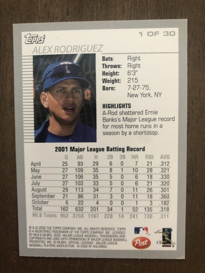 2002 Topps Post Cereal Baseball Card #1 Alex Rodriguez, Texas Rangers ...