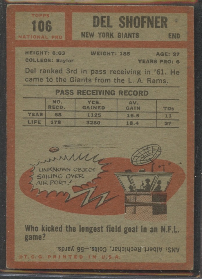 1962 Topps #106 Del Shofner New York Giants | eBay