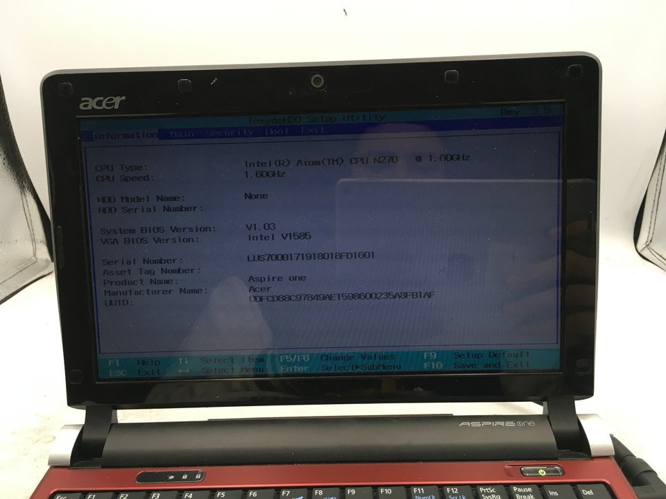 ACER ASPIRE ONE D250 1610 - BOOTS TO BIOS - INTEL ATOM N270 - 1GB RAM ...