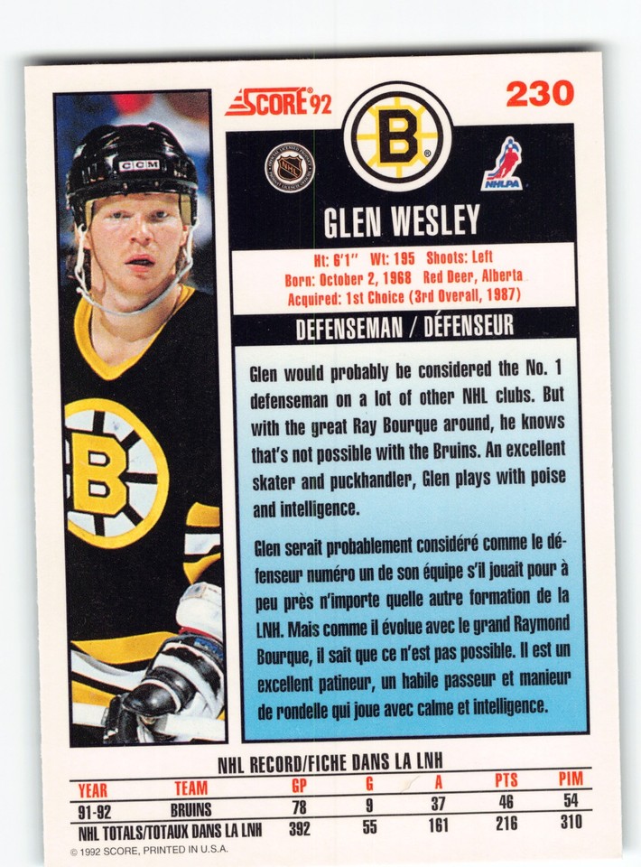 Glen Wesley 1991-92 Bruins Card | eBay