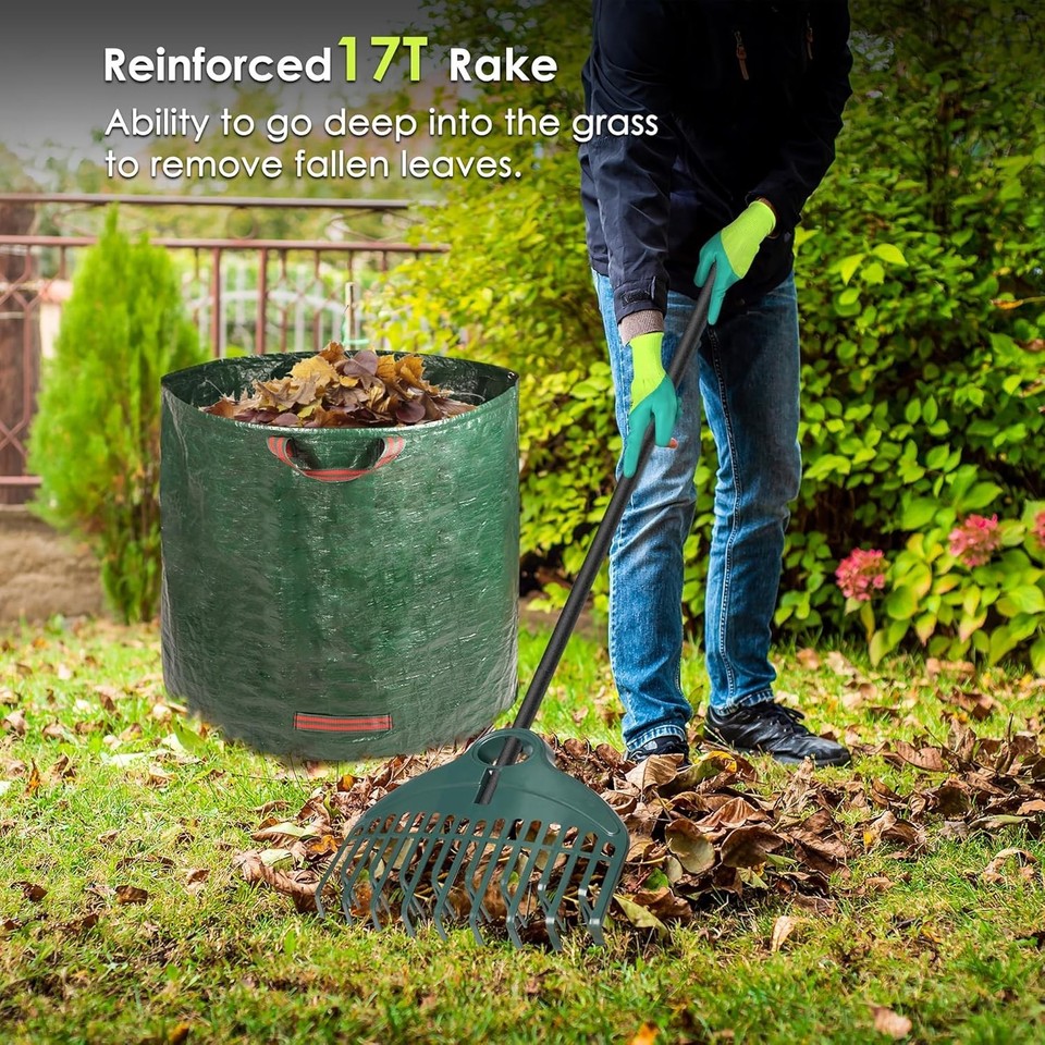Spacious Garden Rake Set with Large Dual-Tine Rake, Gloves & Leaf Scoop ...