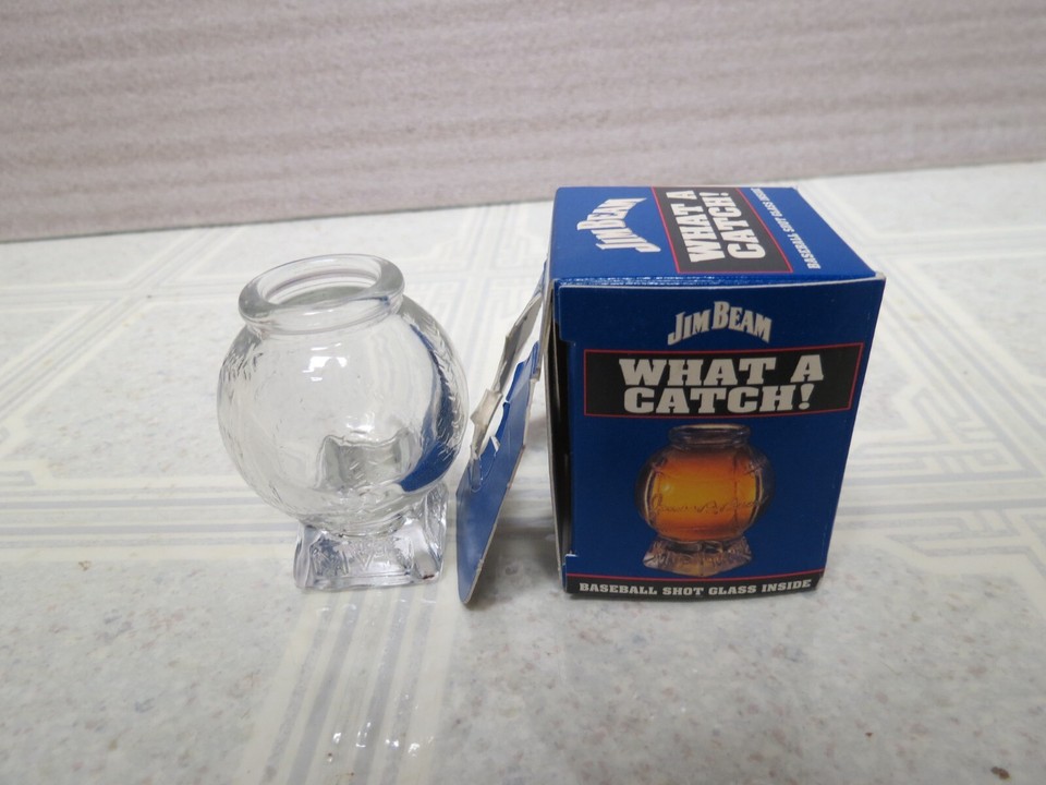 JIM BEAM "What A Catch" Baseball Shot Glass Whiskey Barware Advertising ...