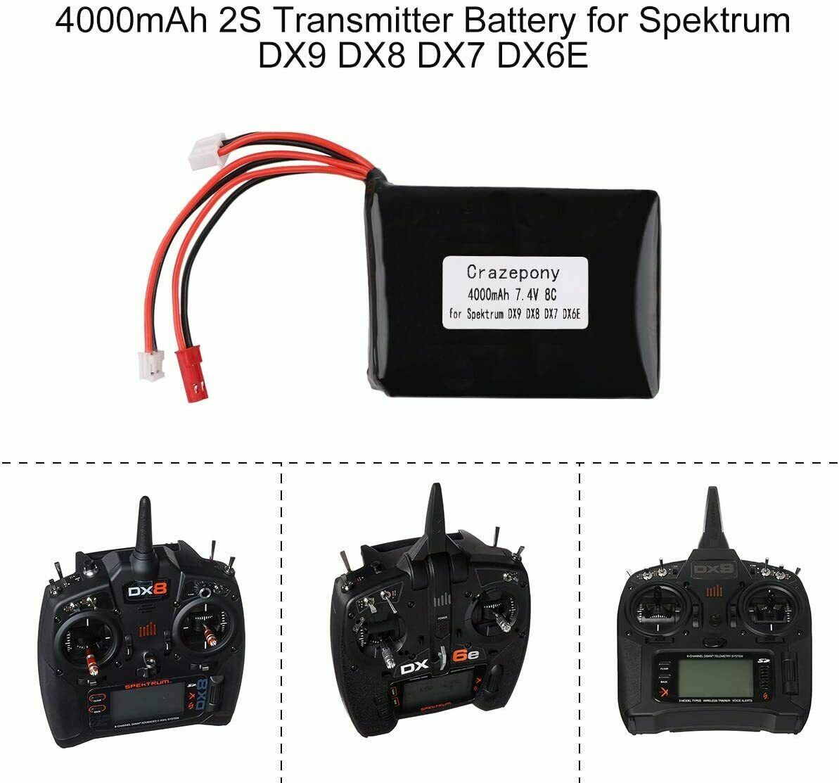 4000mAh 7.4V For Spektrum DX9/DX7/DX8/DX6E Transmitter LiPo Battery JST ...