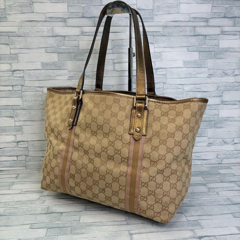 Gucci GG Print Tote Bag Handbag Beige Leather Canvas Silver Gold ...