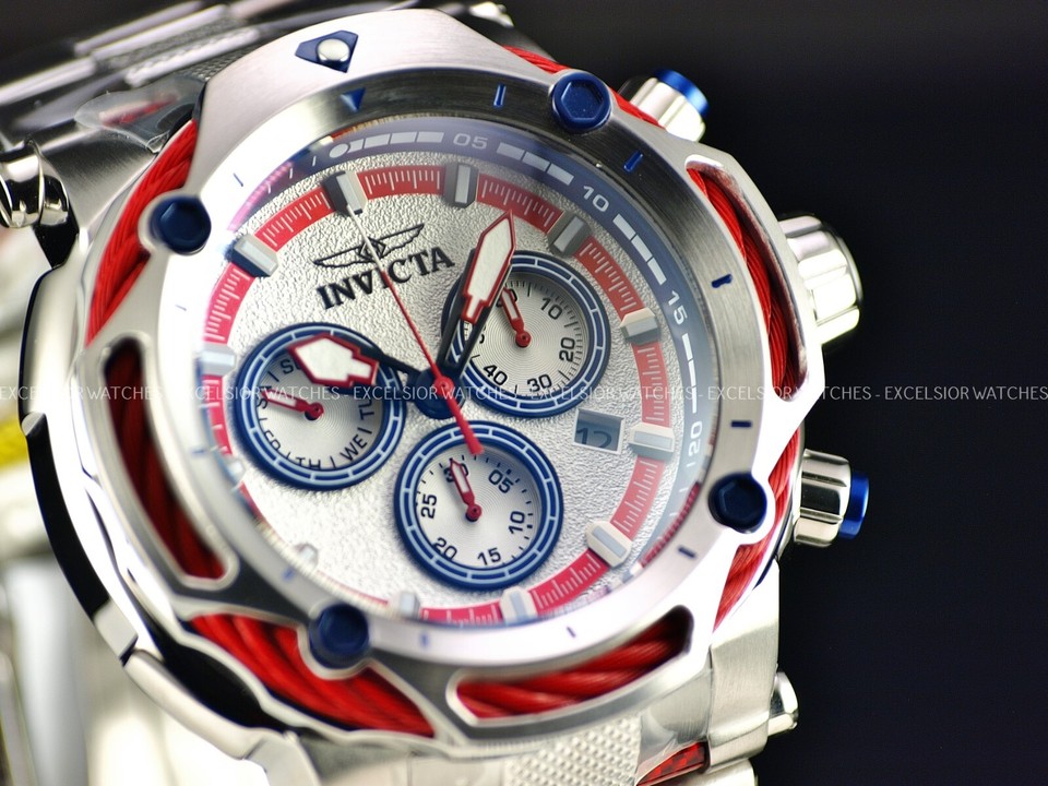 NWD Invicta 60mm BOLT Swiss Quartz Chronograph Red Silver SS White Dial ...