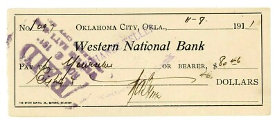 USA-Western National Bank- Check … 80 Dollars ...1911 .. Cancelled ...