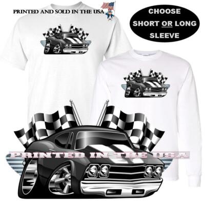 Chevrolet Chevy Classic Chevelle Black White Race Flags Cartoon Car Art ...