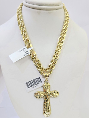 10k Gold Rope Chain & Cross Charm Pendent SET 4mm 24 Inches Necklace | eBay
