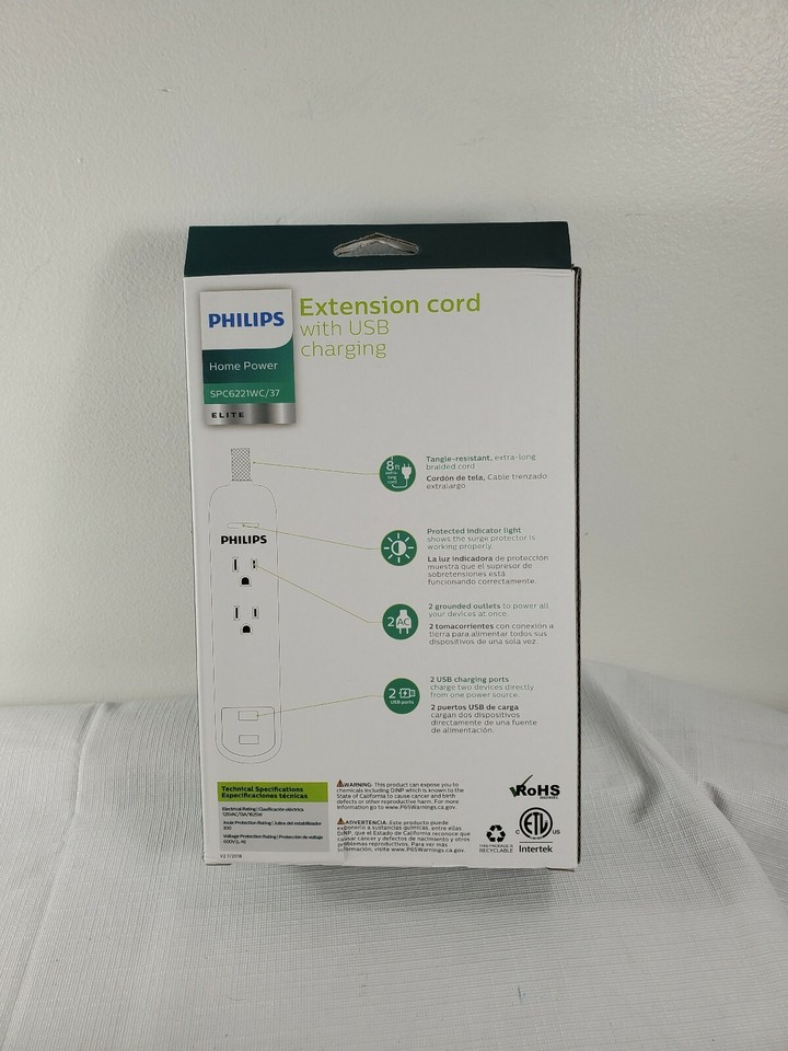 Phillips Home Electric Extension Cord With USB - 2-Outlet 2 USB Port | eBay
