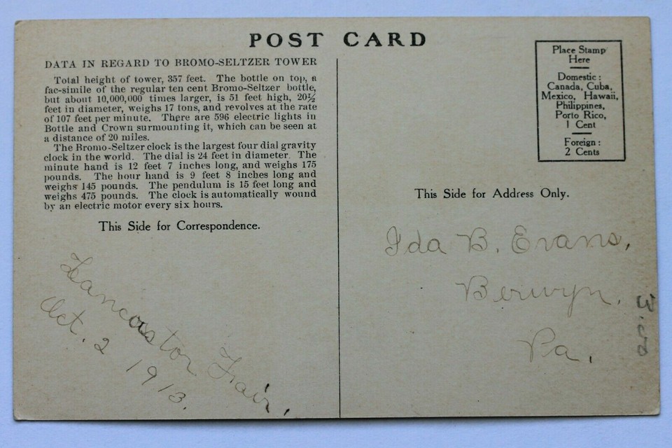 Old postcard BROMO-SELTZER TOWER BUILDING, EMERSON DRUG CO. BALTIMORE ...