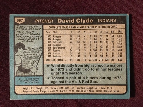 1980 Topps #697 Indians David Clyde Baseball Card | eBay