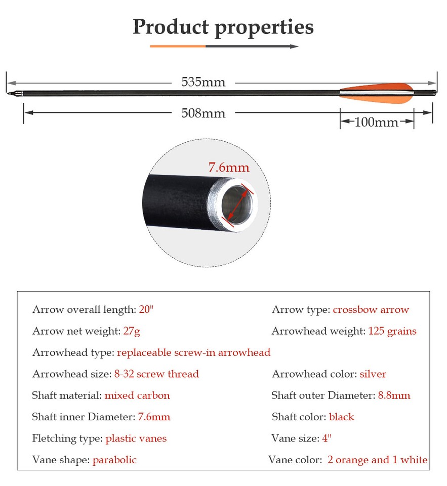 20 inch Crossbow Bolts OD8.8mm Archery Hunting Carbon Arrows with Half ...