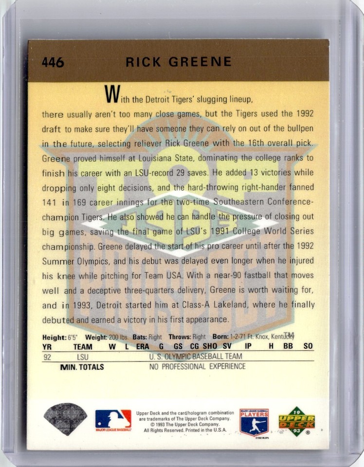 1993 Upper Deck Rick Greene Baseball Card Detroit Tigers #446 | eBay