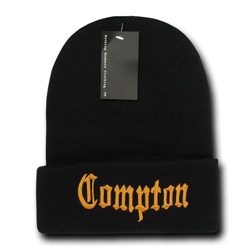 Black & Gold Compton Vintage Embroidered Hip Hop Cuffed Beanie Beanies ...