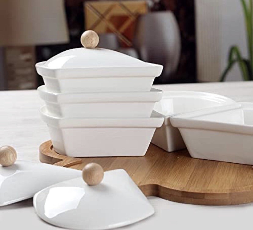 Ceramic Divided Serving Dishes with Lids and Bamboo Platter, 5 ...