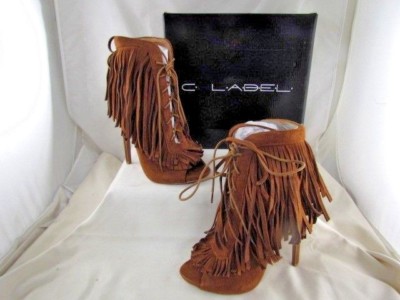 C. Label Ladies Fringed Heels Camel or Brick Suede Size 7.5 New in Box ...