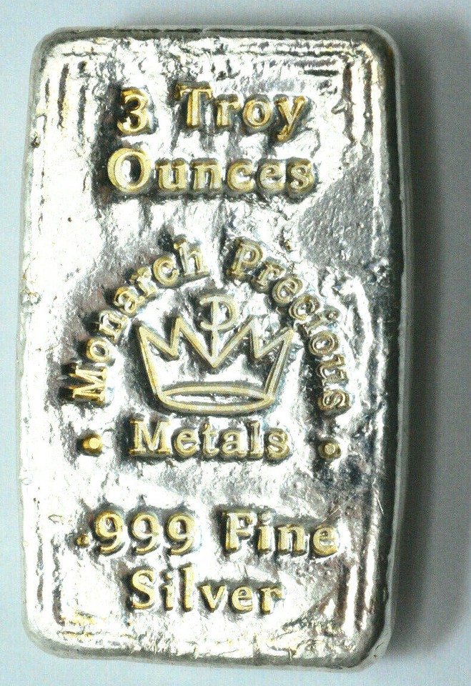 3 OZ 999 FINE SILVER SCARCE MONARCH PRECIOUS METALS OLD POURED BAR LOAF ...