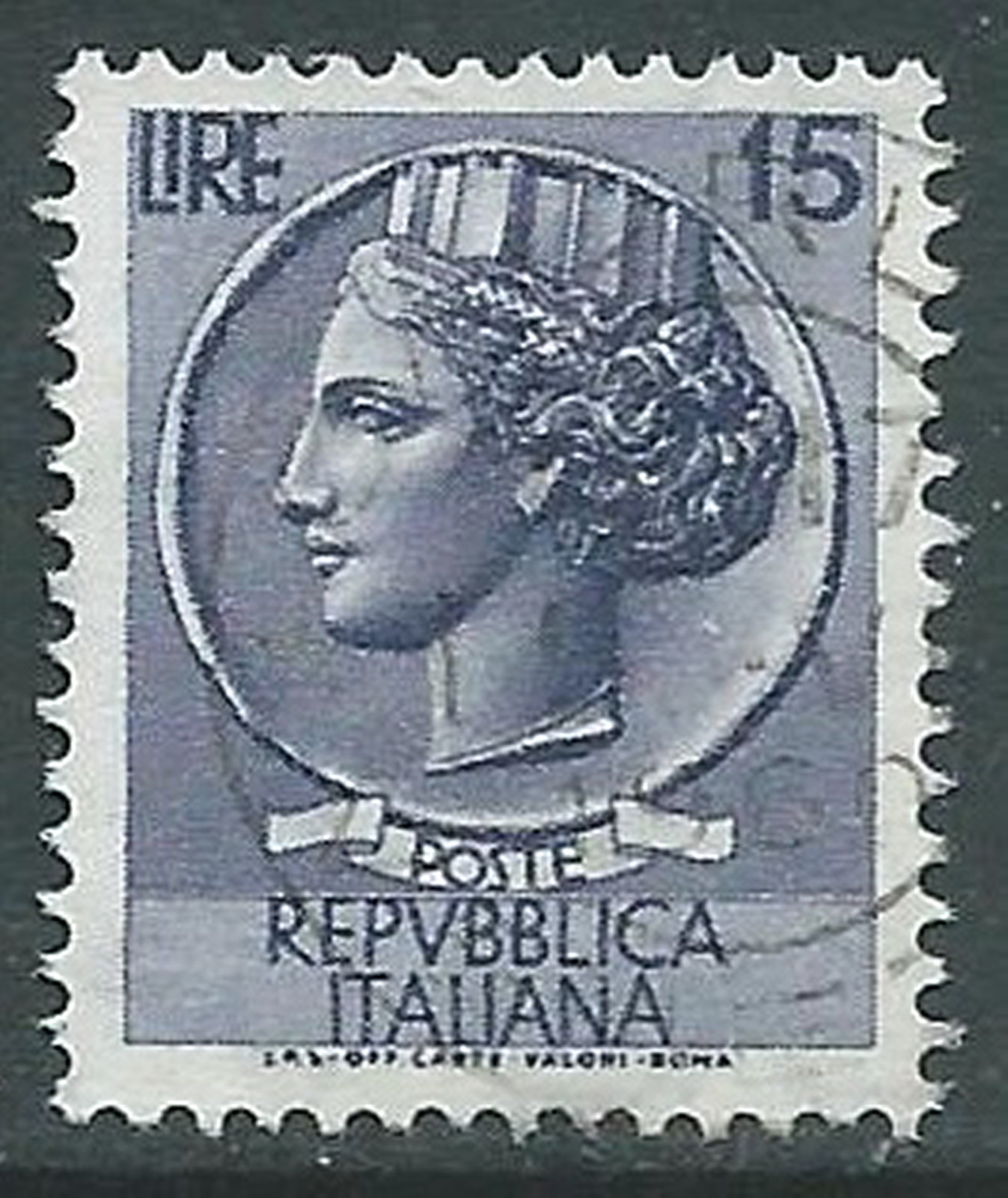 1955-60 ITALIA USATO TURRITA SIRACUSANA 15 LIRE FILIGRANA I MACCHINETTE ...