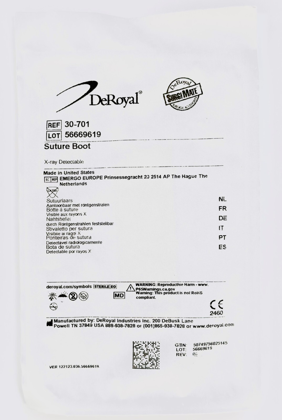 *1-Pack* DeRoyal Suture Boot X-Ray Detectable 0.062" Inner Diameter 30 ...