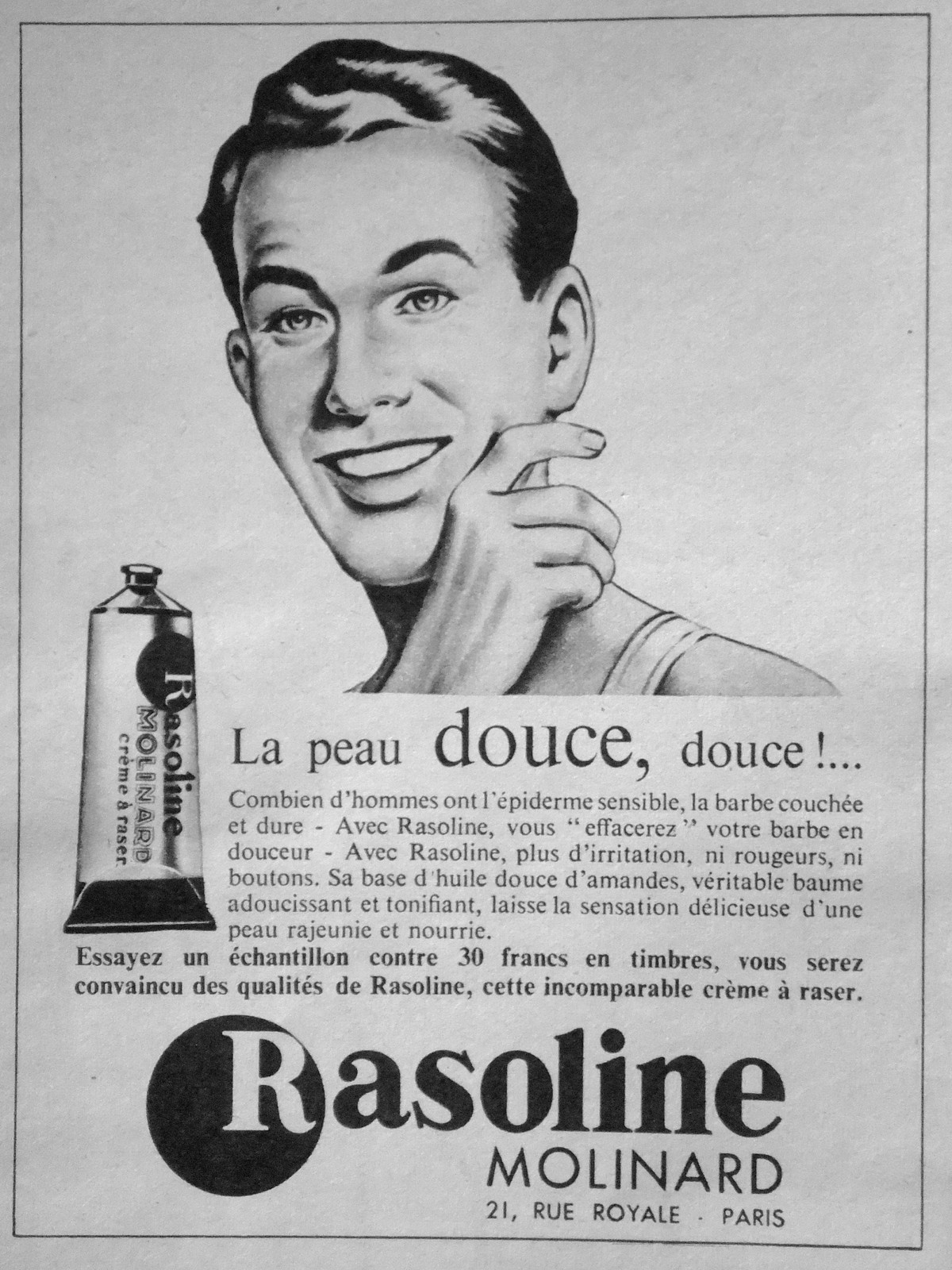 PUBLICITÉ 1956 RASOLINE MOLINARD CRÈME DE RASAGE PLUS D'IRRITATION OU ...